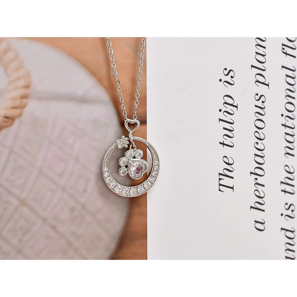 Paw Print Necklace for Women Girls - Sterling Silver Puppy Dog Cat Pet Paw Print Circle Pendant Necklace Cubic Zirconia Dainty Cute Adjustable Charm Necklace Birthday Gifts for Women Teens,15.7"+3.9"