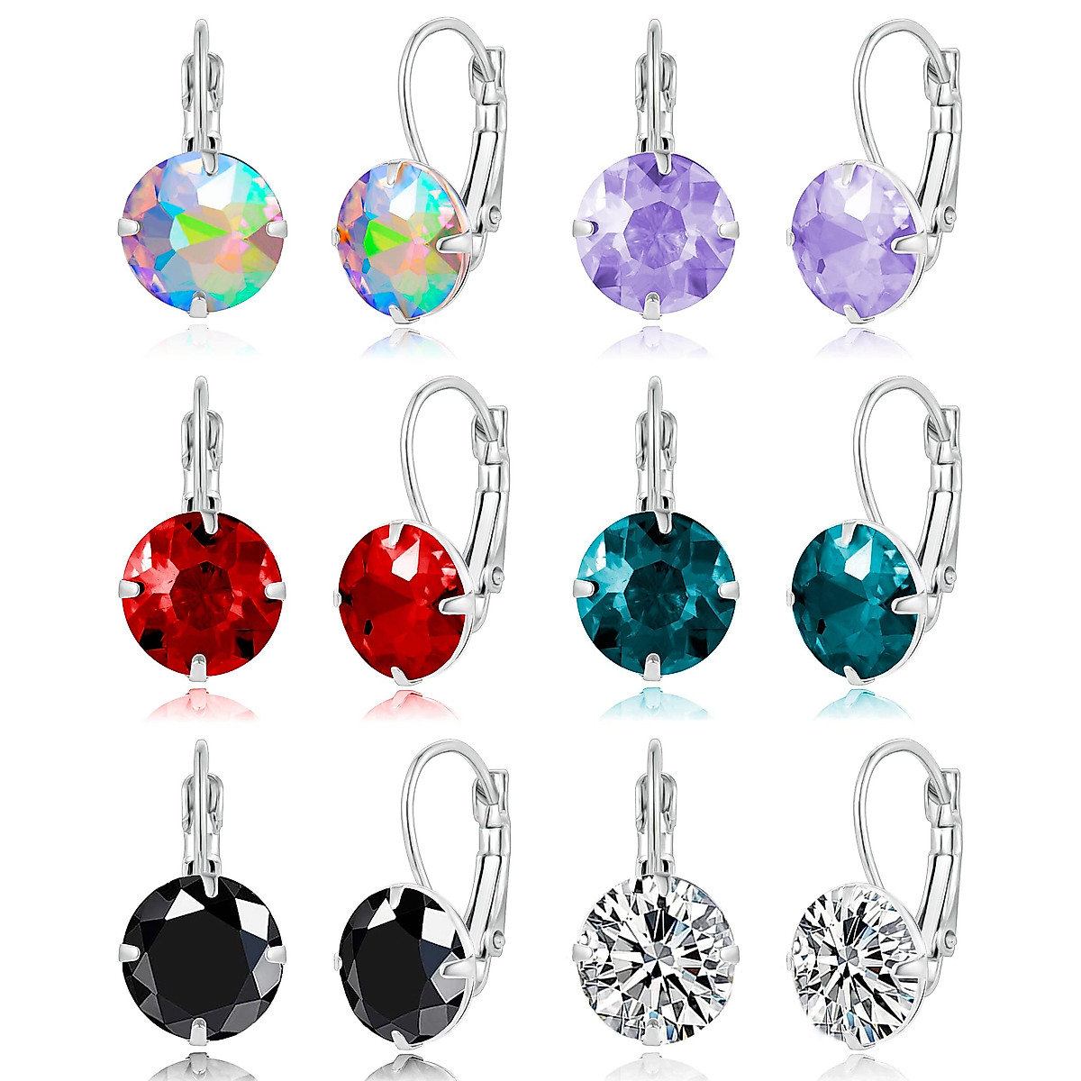 Akeoqi 6 Pairs Leverback Dangle Earrings Set Multi-color Round Cubic Zirconia Dangle Earrings For Women