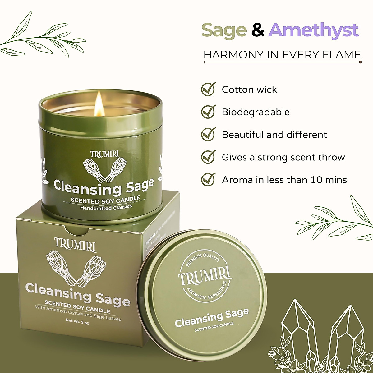 Sage Candle for Cleansing House Negative Energy Smudge Kit - 5oz Soy Wax Natural Clean Organic Non Toxic - Aromatherapy Spiritual Meditation Gifts - Long Lasting Highly Scented Candel with Crystals