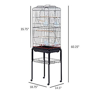 PawHut 60" Metal Indoor Bird Cage Starter Kit with Detachable Rolling Stand, Storage Basket, and Accessories, Black