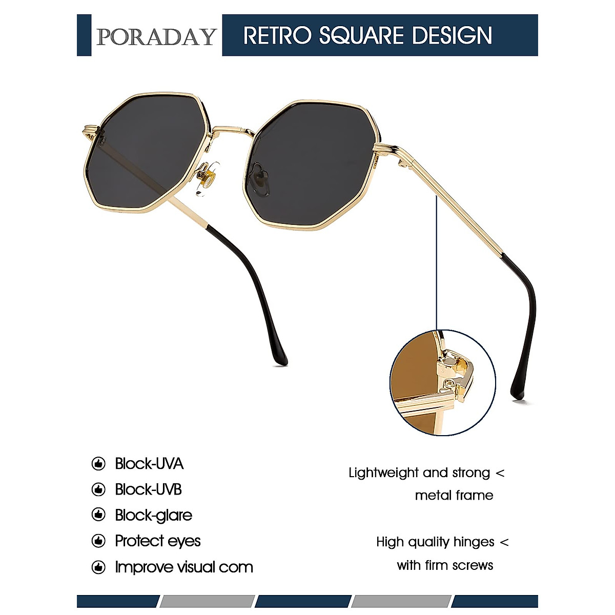 PORADAY Square Sunglasses for Women Men Retro Octagon Metal Sun Glasses Vintage Polygon Shades (Gold/Gray)