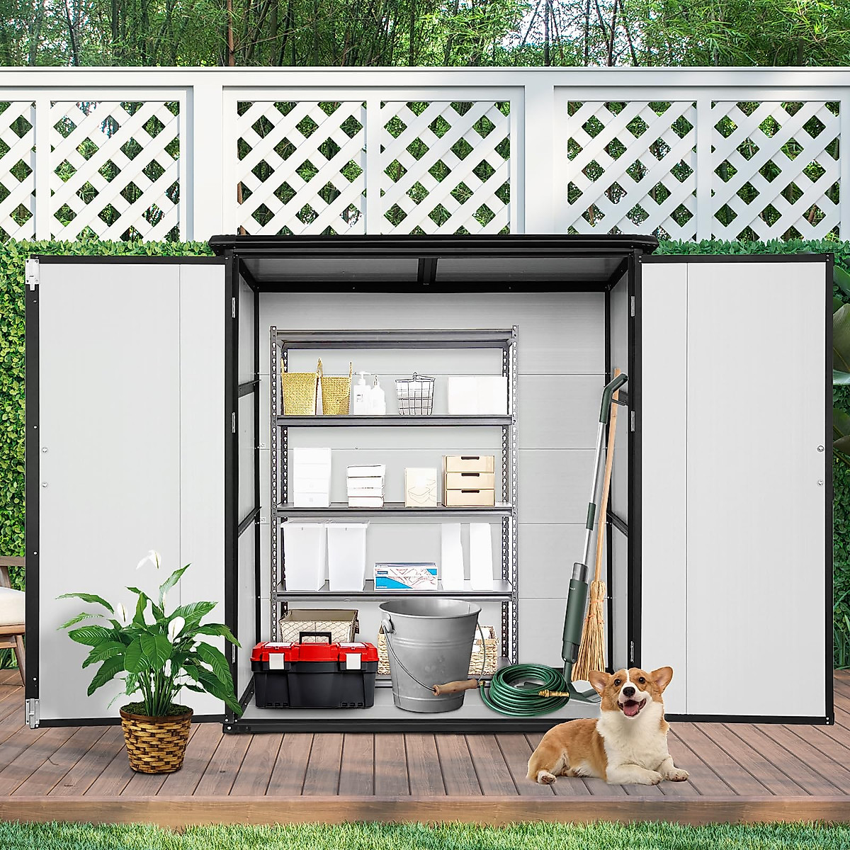 5x3FT Outdoor Storage Shed, Resin Storage Shed, Waterproof Resin Cabinet with Lockable Doors for Bikes and Patio Furniture (White)