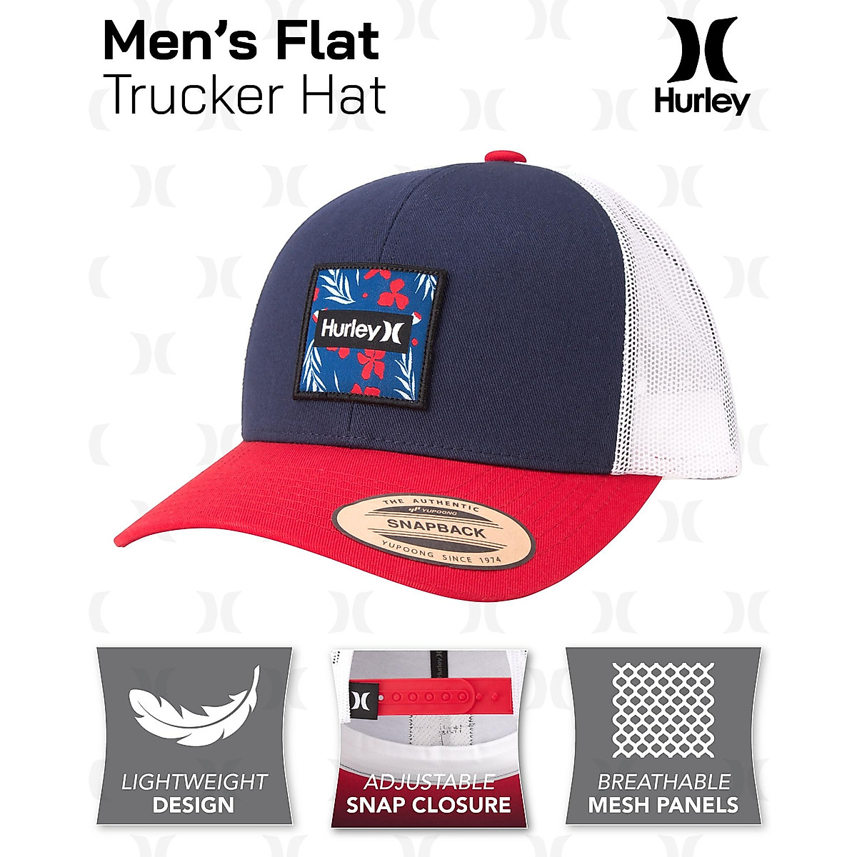 Hurley Men's Caps - Fairway Trucker Mesh Panel Baseball Cap Trucker Hat - Snap Back Hats for Men, Size One Size, Team Red