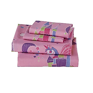 Better Home Style Pink Girls/Kids 4 Piece Sheet Set with Unicorns Castles and Rainbows in Magical Lands Includes Pillowcases Flat and Fitted Sheets # Unicorn Castle Lavender (Queen)