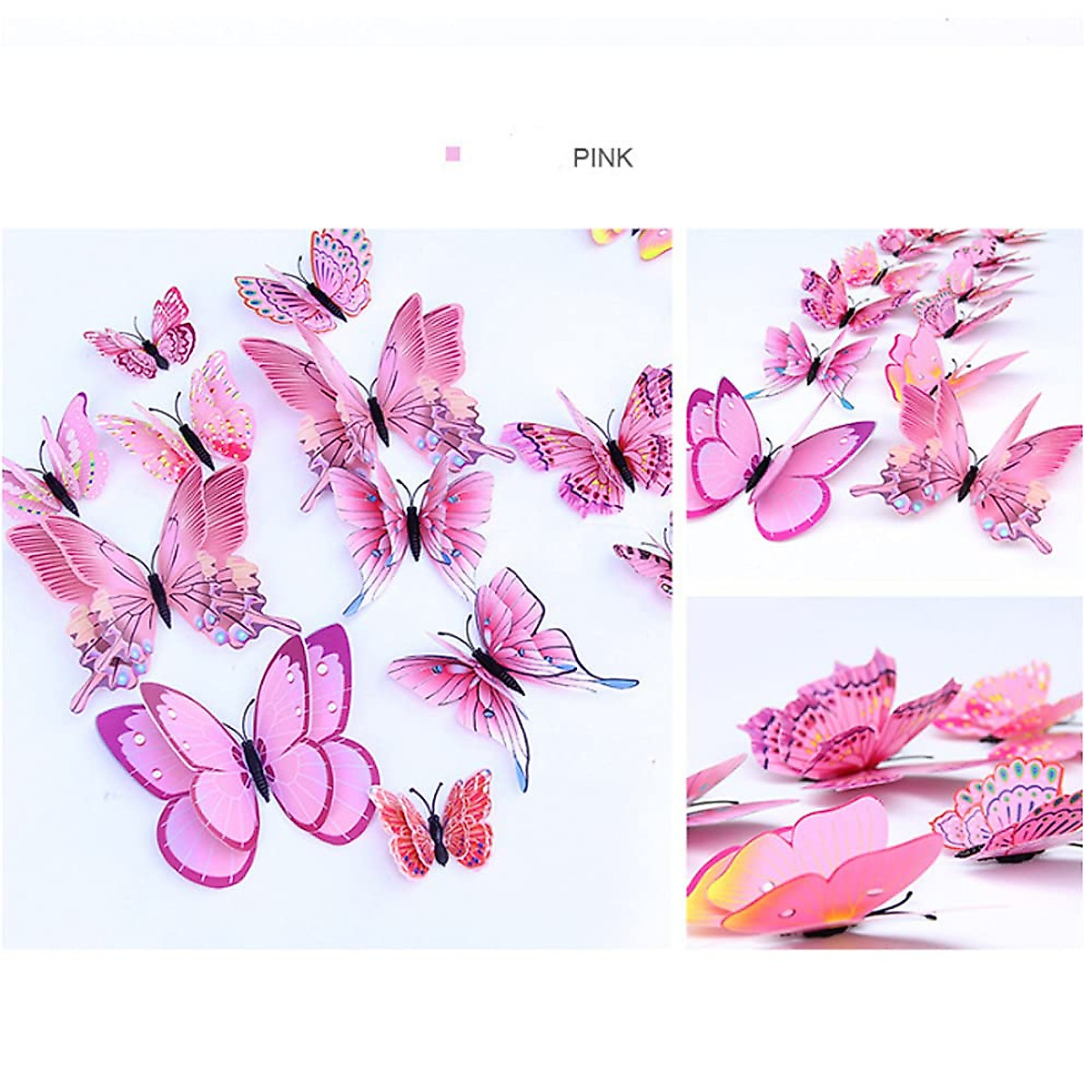 PVC Beautiful 3D Butterfly Wall Decals, 12pcs Removable DIY Home Decorations Double Layer Butterflies Wall Stickers Murals for Garden Bedroom Birthday Party Wedding TV Background Living Room(Pink)