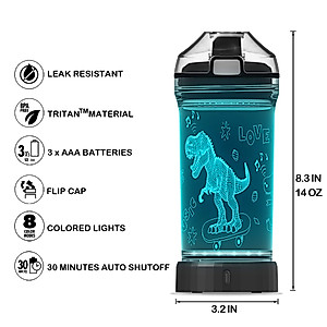 Lightzz Kids Watter Bottle，3D Dinosaur Cup with LED Illusion Light with 7 Color Changing Light - 14 0z BPA Free - Creative Travel Cup Dinosaur Gift for School Kid Boy Holiday