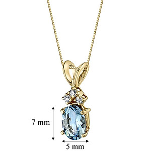 PEORA Solid 14K Yellow Gold Aquamarine and Diamonds Pendant for Women, Genuine Gemstone Birthstone Solitaire, Oval Shape, 7x5mm