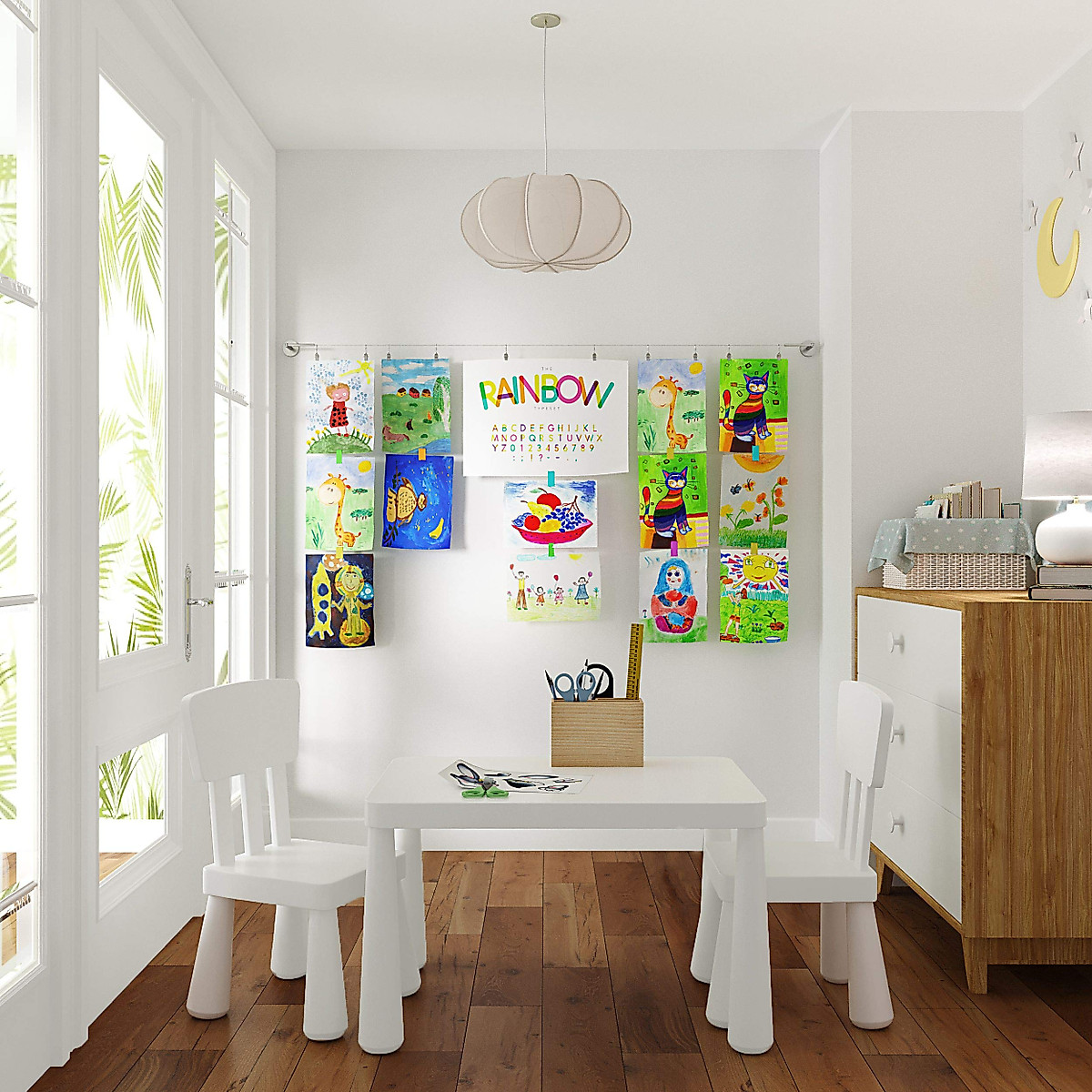 Wallniture Barre Wire Picture Hangers for Kids Crafts and Artwork, Expandable 196 Inch Wall Decor with 24 Clips Set, Silver