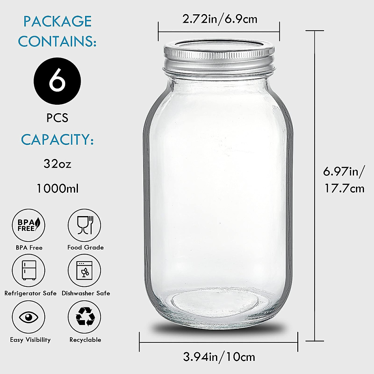 YEBODA 32 oz Mason Jars Canning Jars with Airtight Lids and Bands 6 Pack Ideal for Preserving, Meal Prep, Overnight Oats, Jam, Jelly, Jams, Spice, Sauces, Salads, Yogurt, Wedding Favors