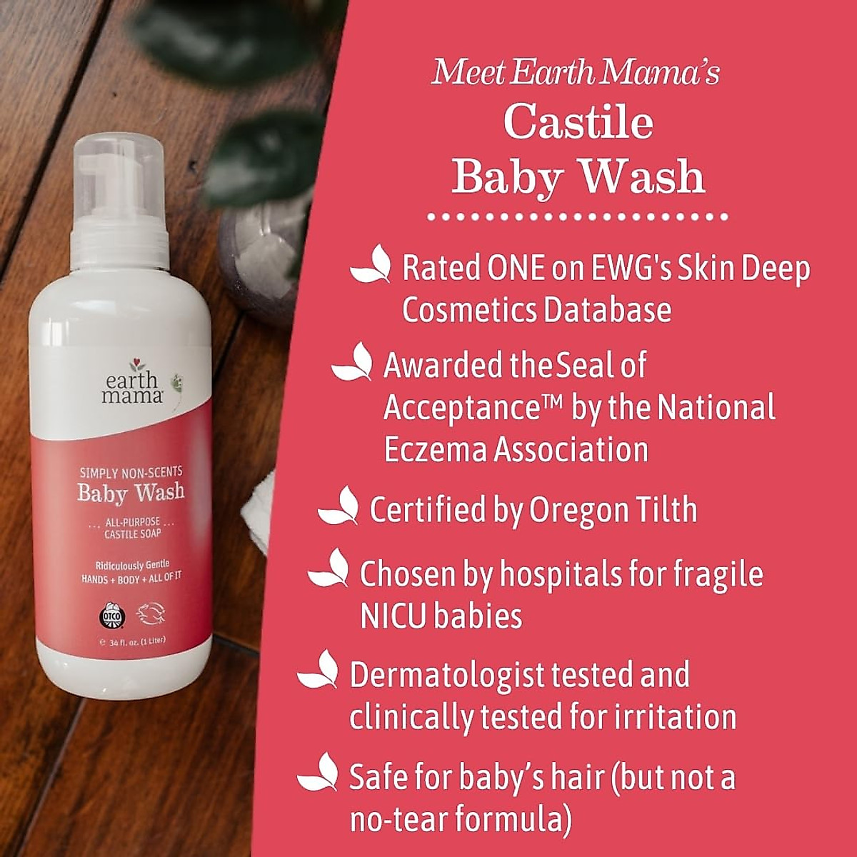 Earth Mama Simply Non-Scents Baby Wash Foaming Hand Soap, Organic Fragrance Free Body Wash, Unscented Body Wash, Castile Soap with Coconut Oil, Shea Butter, Calendula, & Aloe, 34floz