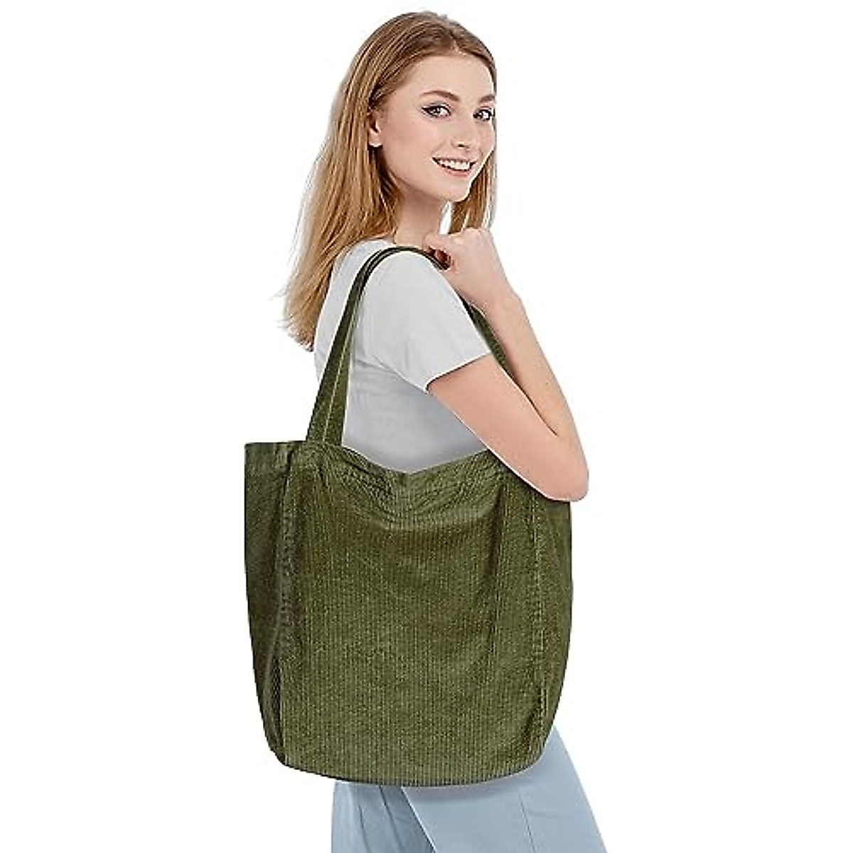 WantGor Large Corduroy Tote Bag, Women Zipper Shoulder Handbags Casual Travel Hobo Bag Shopping Work Bags (Army Green)