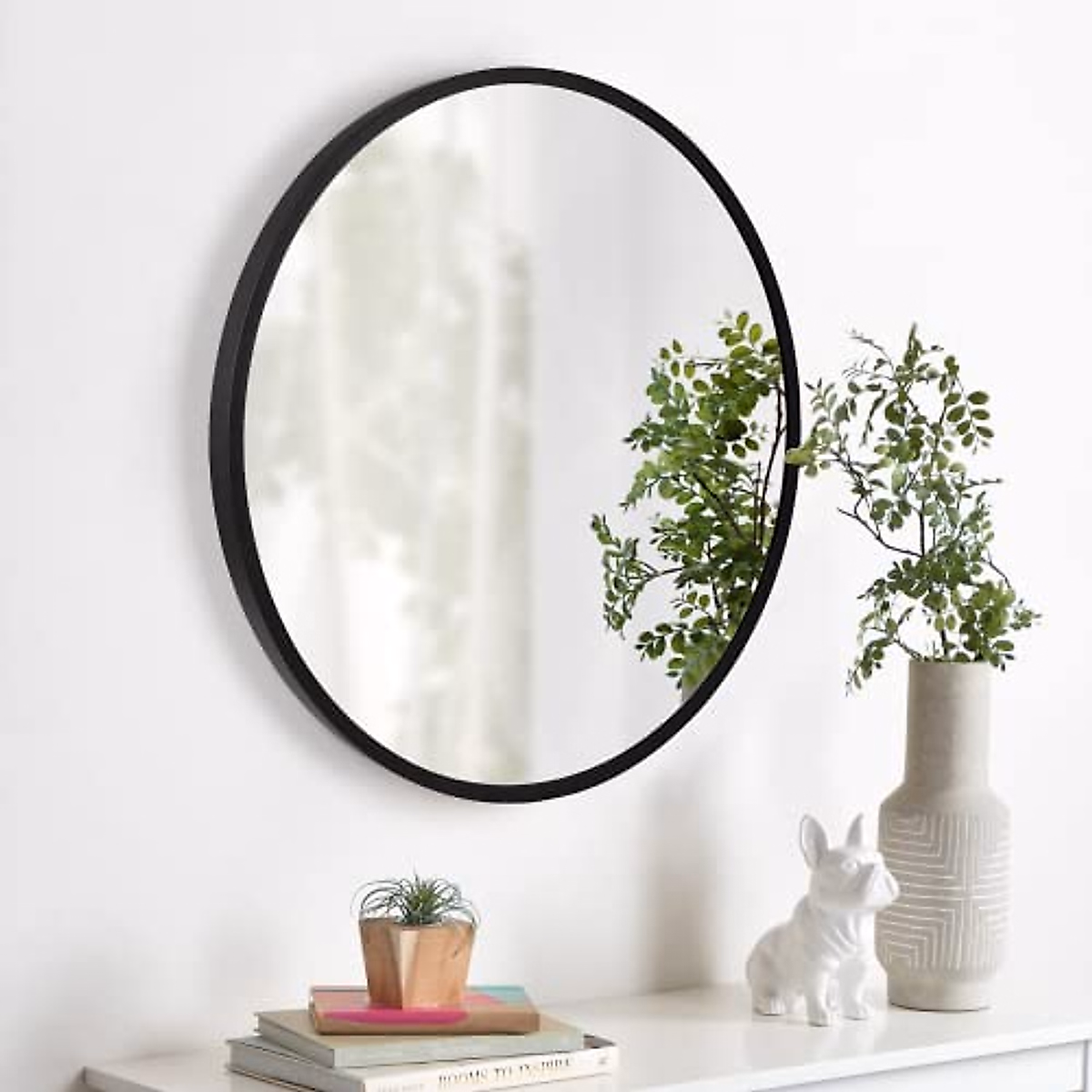 A.T.Lums 24 Inch Black Round Mirror, Wall Mounted Circle Mirror with Metal Frame, Suitable for Bathroom, Vanity, Entryway, Living Room, Wall Decor