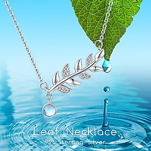 Midir&Etain 925 Sterling Silver Leaf Necklace Moonstone Pendant Moonstone Jewelry Gifts for Women Hypoallergenic Necklace for Sensitive Neck