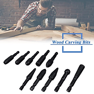 Mesee 10 Pieces Rotary Burr Rasp Set, 1/4 Inch Hex Shank Quick Change Wood Carving Drill Bits Carbon Steel File Rasp DIY Woodworking Tool for Wood Plastic Engraving Polishing Grinding