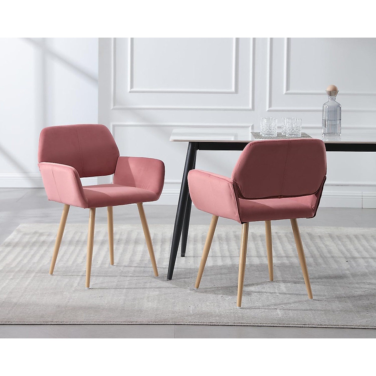 KCC Small Modern Dining Room Arm Chairs 1 Piece, Mid-Century Upholstered Velvet Side Seat Club Guest with Metal Tube Legs for Kitchen, Living Room, Rose