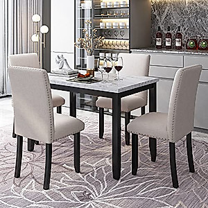 Bellemave Dinner Table Set for 4 5 Piece Dining Table Set Faux Marble Modern Kitchen Table and Chairs Dining Room Sets for 4 Rectangular Table with Chairs Dinette Set for 4, White/Beige+Black