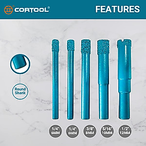 CORTOOL Dry Diamond Drill Bits for Porcelain Tile Ceramic Glass Marble, 5PCS 1/4", 5/16", 3/8", 1/2" Tile Drill Bit, Tile Saw, Vacuum Brazed Diamond Core Drill Bits with Round Hex Shank