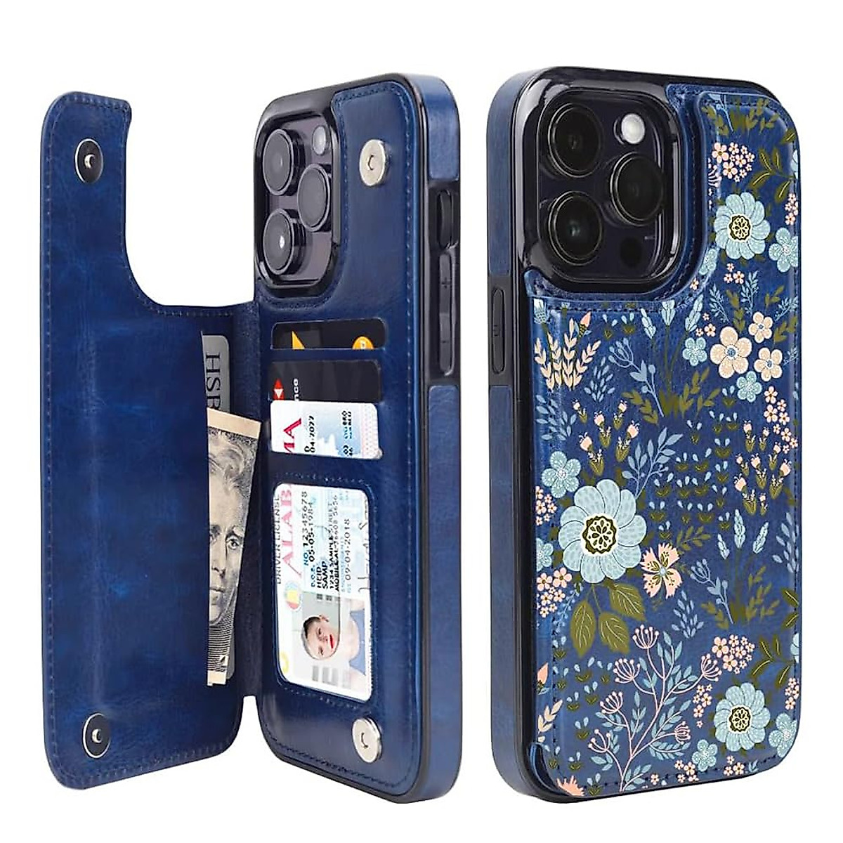 uCOLOR Compatible with iPhone 15 Pro Max 6.7" Wallet Case with Card Holder Slot Folio Flip Leather Kickstand Magnetic Clasp RFID Blocking Design Cover 15PM 6.7 Inch (Navy Blue Flowers)