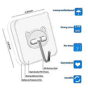 Elegana Adhesive Hooks for Hanging 24 Pack,Heavy Duty Wall Hooks 33 lbs 304 Stainless Steel Self Adhesive Sticky Hooks Waterproof Bathroom Hooks Transparent Sticky Hooks for Kitchen Glass Door