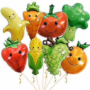 8 Pack Gaint Fruit Vegetable Foil Balloons Cute Helium Mylar Strawberry Grape Banana Orange Corn Carrot Tomato Broccoli Balloons for Theme Birthday Party Decorations Supplies