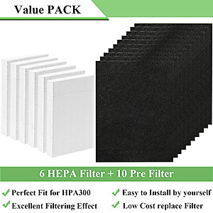 GuanQiao 6 Pack HEPA Filters R, 10 Pre-Cut Pre Filters A Replacement Filter R Compatible with Honeywell 300, HPA300 Series, HRF-R3 & HRF-R2 & HRF-R1