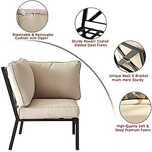 Festival Depot Dining Outdoor Patio Bistro Furniture Corner Chair Sofa Comfort & Soft 4.3" Cushions with Metal Slatted Steel Frame Legs for Garden Poolside All-Weather, 28.3(L)*28.3"(W)*31.5"(H)