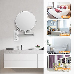 FFowcye 8” Wall Mounted Makeup Mirror - 1X/10X Double Sided Magnifying Bathroom Mirror, 360° Swivel Extendable Vanity Shaving Mirror with Adjustable Arm for Bathroom, Chrome（No Light）