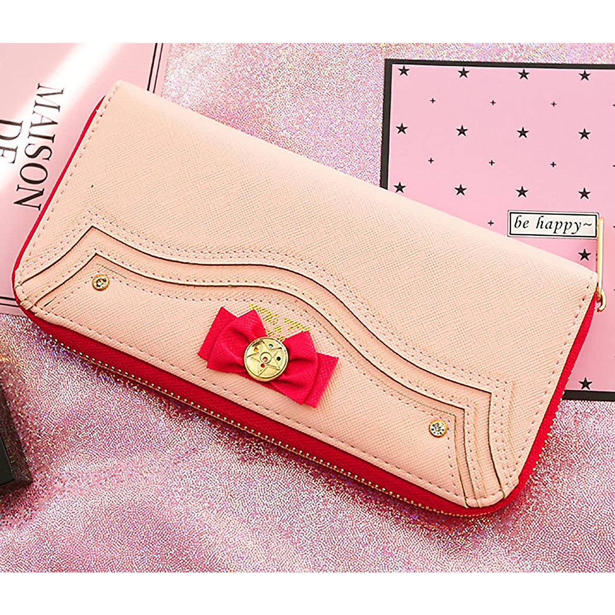 YaJaMa Sailor Moon Kawaii Women Wallet PU Leather Long Credit Card Case Holder Cellphone Pouch Girls Zipper Coins Purse (Pink)