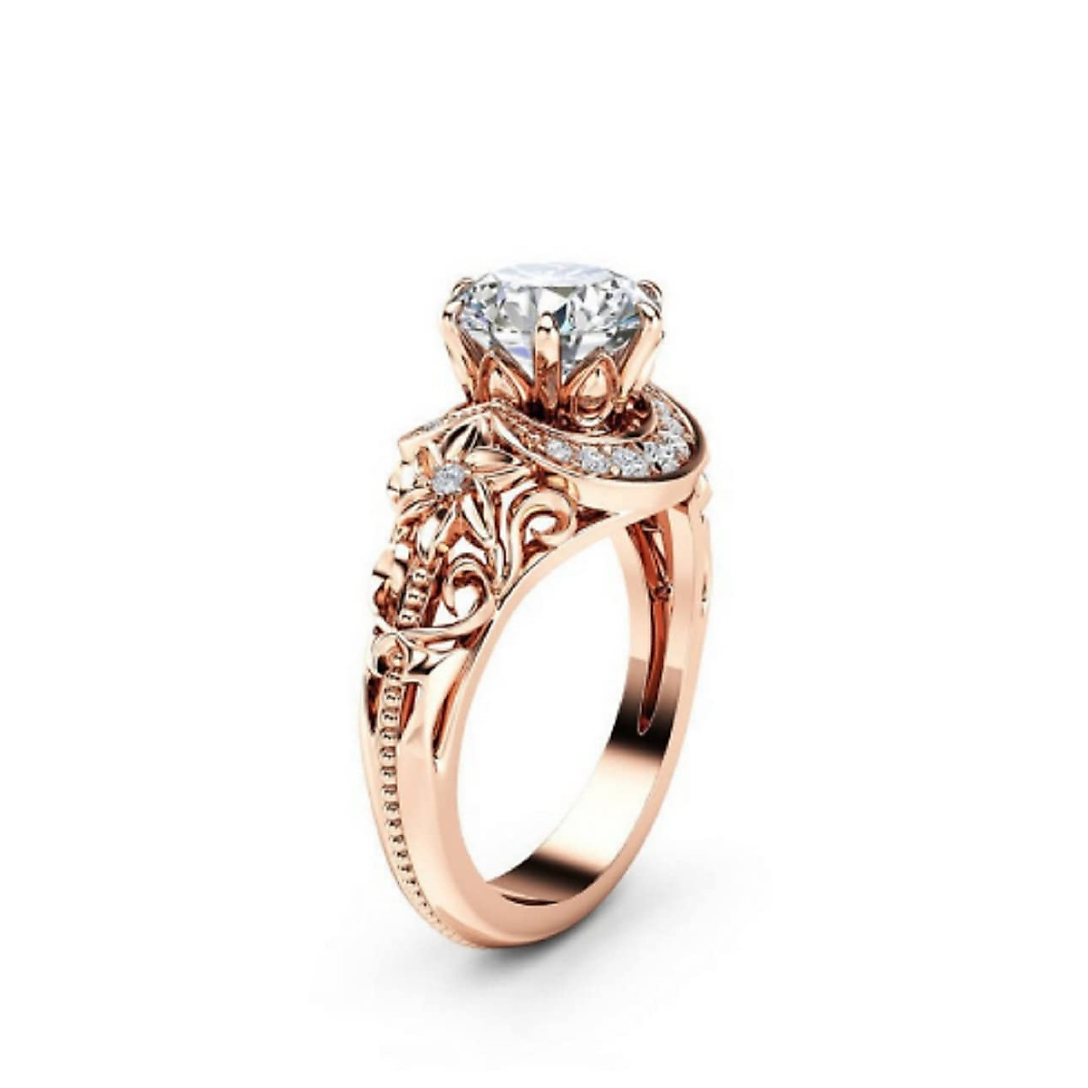 HUKQBUNX 18k Rose Gold morsonite Hollowed Out Flower Flower Crescent Diamond Multi Crystal gem morsonite Women's Precious Fashion Wedding Engagement Diamond Ring Size 6-10 (Size 7)