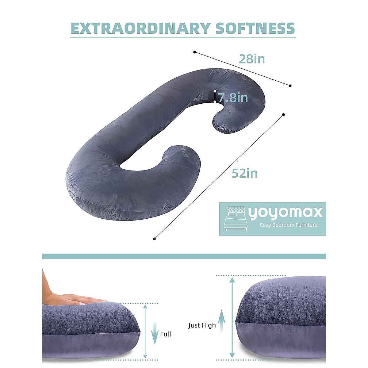 yoyomax Pregnancy Pillows, C Shaped Full Body Maternity Pillow Memory Foam Pregnancy Pillow with Removable Cover, 52 Inch Pregnancy Pillows for Sleeping (Grey)