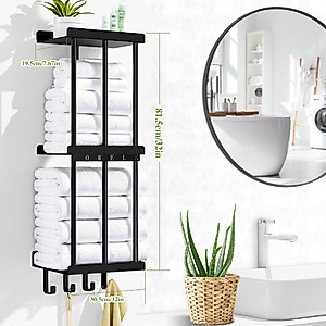 Bathroom Towel Storage Rack 3 Tier Towel Racks for Bathroom Wall Mounted 32 inch with Shelf and 4 Hooks of Rolled Bath Towels