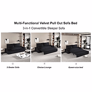 HomSof 70.1" Queen Pull Out Sofa Bed, 3-in-1 Convertible Sleeper Sofa with 2 Soft Pillows,Multi-Functional Velvet Loveseat Bed,Black