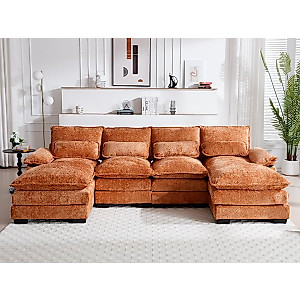 GNIXUU 110" Sectional Sofa Cloud Couch for Living Room, Modern Chenille U Shaped Couch, Comfy Modular Sofa Sleeper with Double Chaise & Memory Foam(Orange)