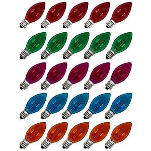 Creative Hobbies 25 Pack C7 Transparent Multicolor Christmas Light Bulbs - 7W Steady Burning Incandescent, Nickel Plated Candelabra Base, Extended Life