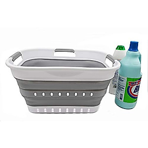 SAMMART 19L (5 gallon) Super Mini Collapsible 3 Handled Plastic Basket - Foldable Pop Up Storage Container/Organizer - Space Saving Hamper/Basket (1, White/Grey)
