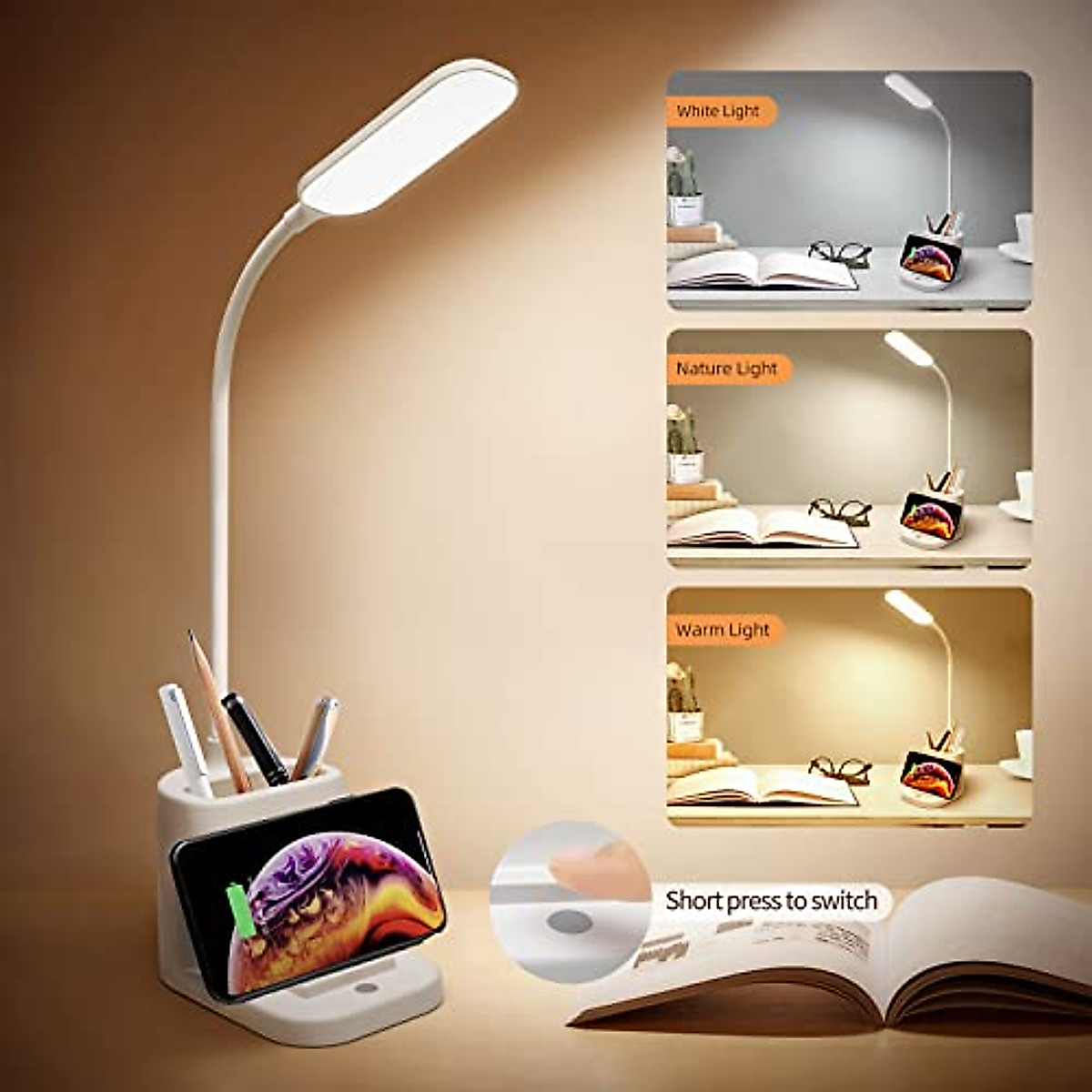 IIOSUYUI Desk Lamp for Home Office, Wireless Charger LED Desk Light with USB Charging Port, 3 Modes Table Lamp with Pen Holder Phone Holder, Desk Lamps for Students Kids