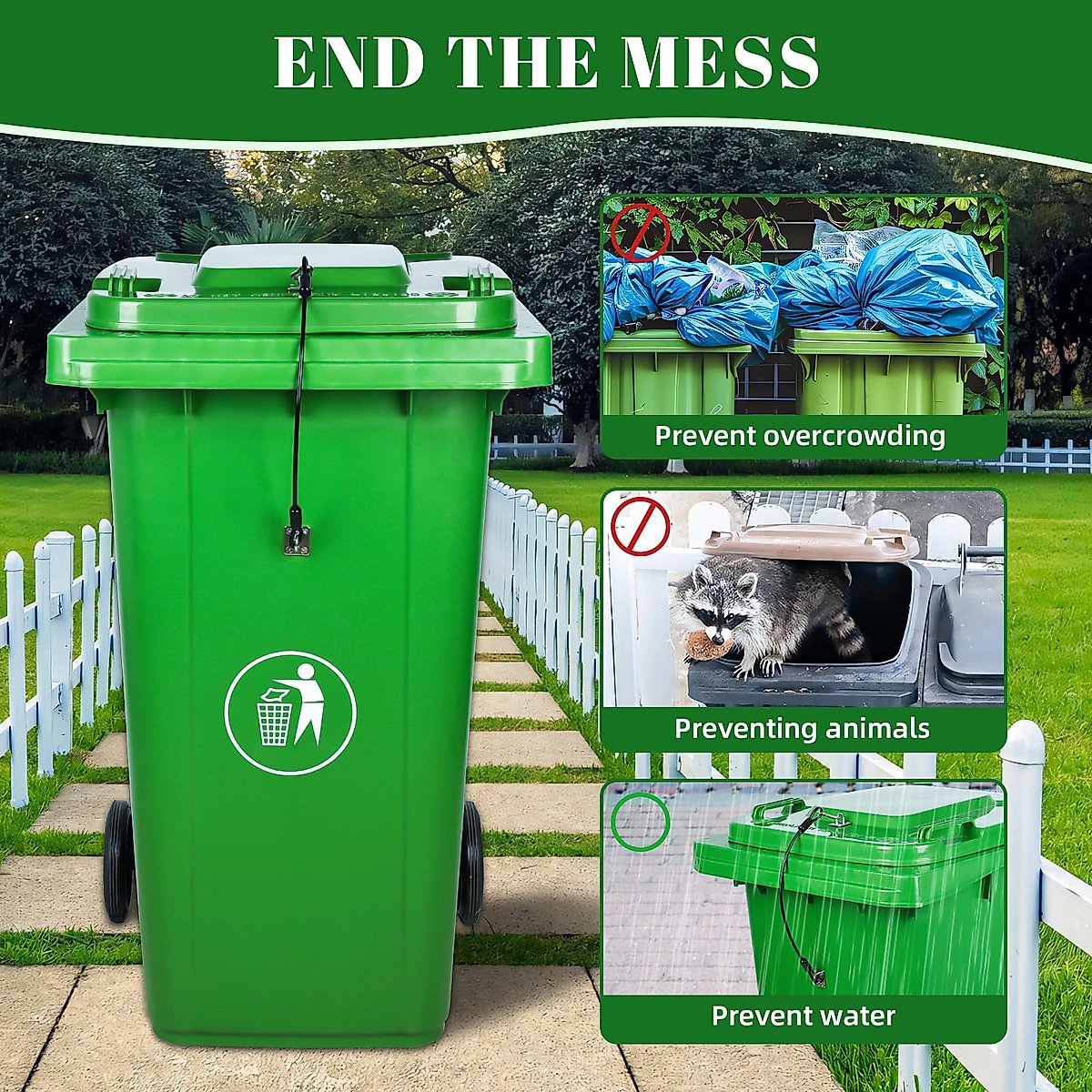 KKzozs Trash can lid Lock,Garbage can Locks for Animals 1-Pack Universal Semi-Automatic Trash can Lock Strong Wire Rope Protects Against Small Creatures Including Raccoons, Squirrels, and high Winds