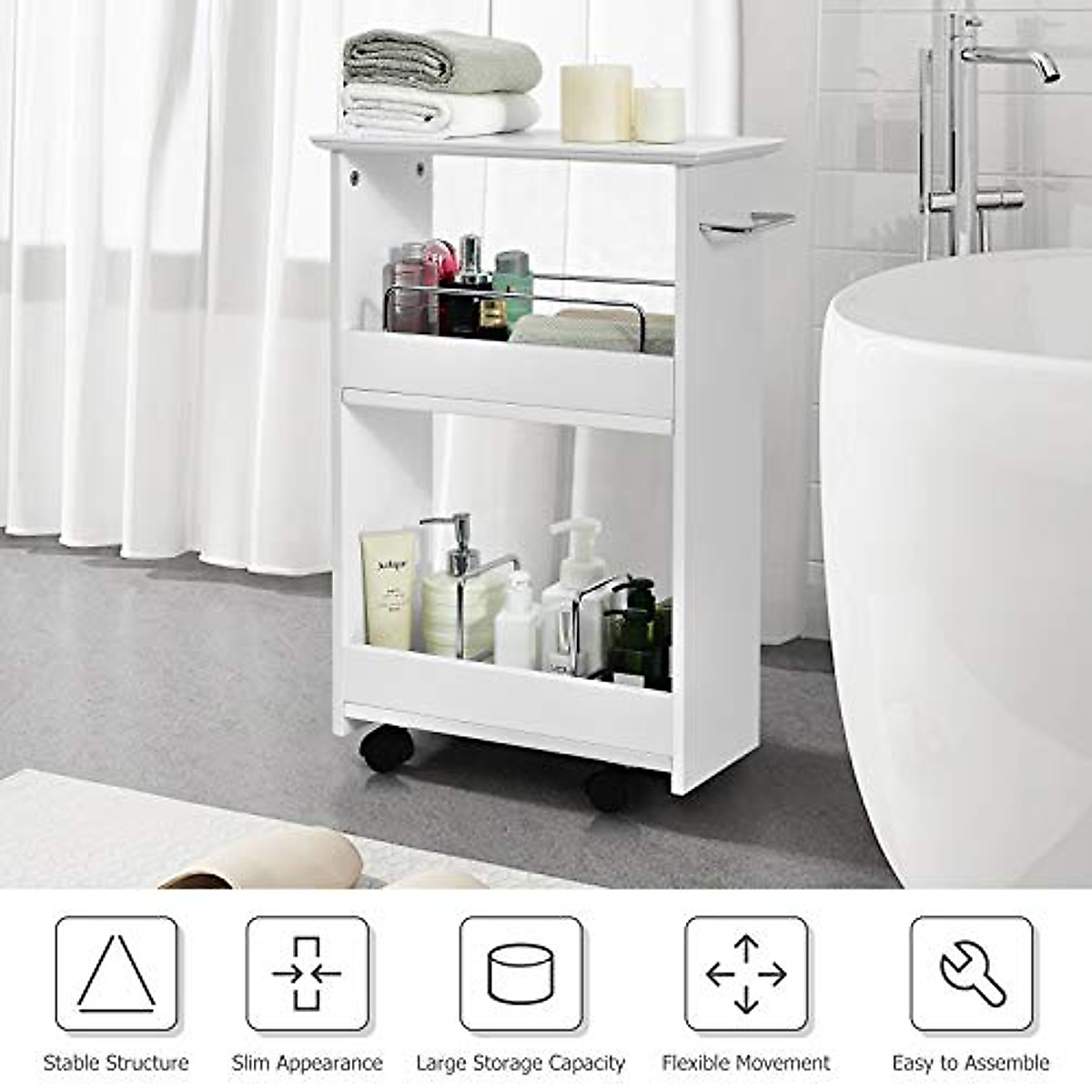 GOFLAME Slim Bathroom Storage Cart, Wooden Storage Shelf with Towel Bar and Side Handle, Storage Cabinet Organizer with Rolling Casters for Bathroom, Laundry, Kitchen