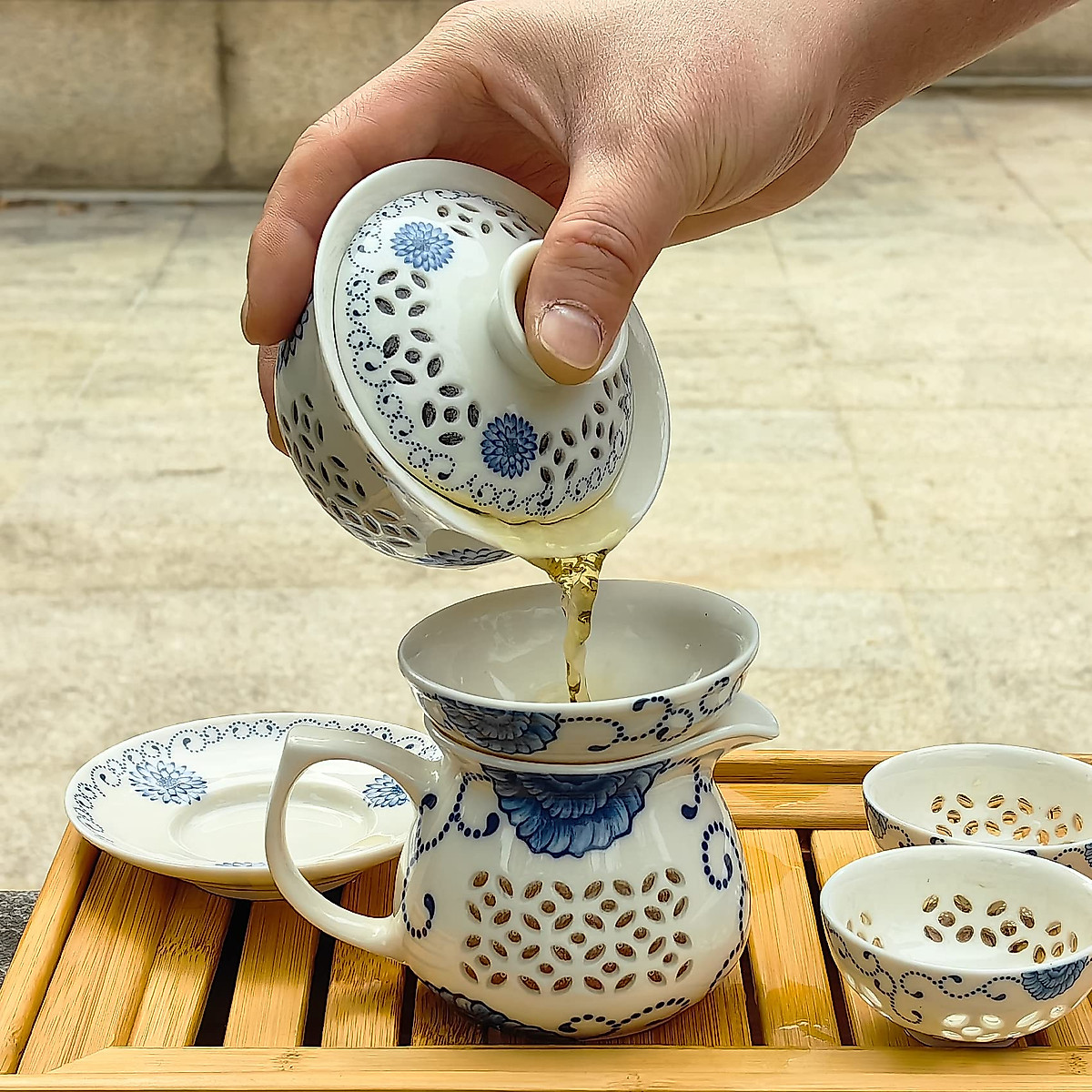 Ceramic Gai Wan Tea Cup, Gaiwan For Chinese Traditional Gong Fu Tea Ceremony To Brew Loose Oolong Bags or Flower GW-W5 (Sunward flower)