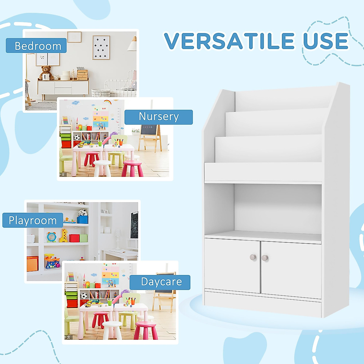 Qaba Kids Bookshelf, Toy Storage Organizer Toddler Bookcase for Bedroom, Playroom, Nursery, 3-8 Years Old, White