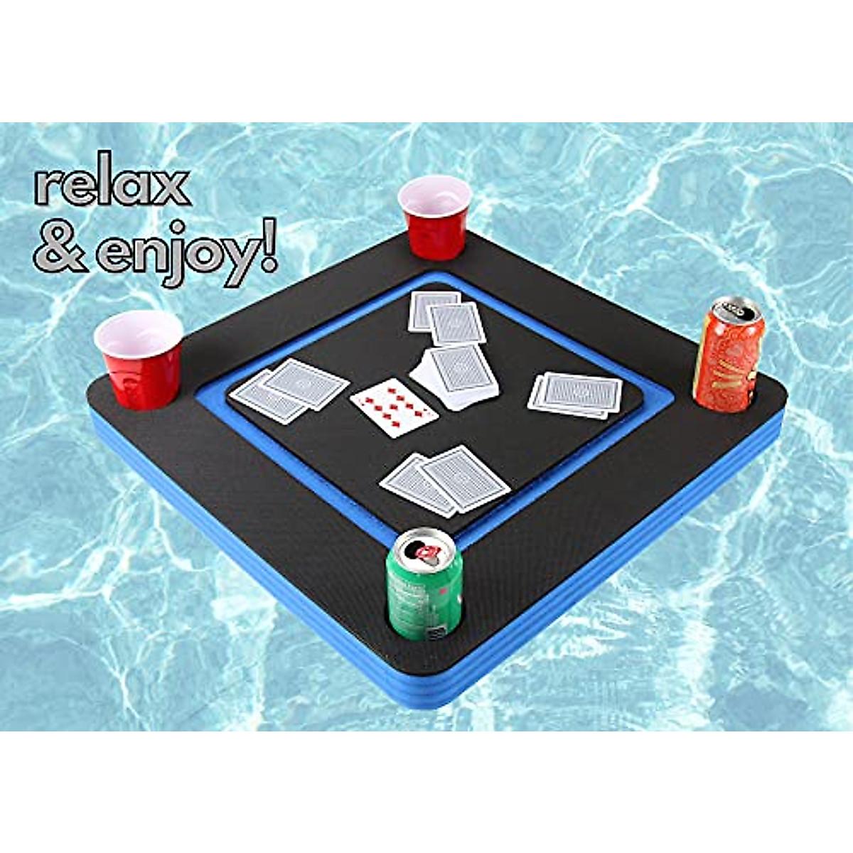 Polar Whale Floating Game or Card Table Blue and Black Tray for Pool or Beach Party Float Lounge Durable Foam 23.5 Inch Drink Holders with Waterproof Playing Cards Deck UV Resistant