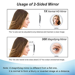 AMISCE 30x Magnifying Handheld Mirror, 2-Sided with Adjustable Stand, Portable, Acrylic Frame, 5'' Diameter, Perfect for Makeup, Shaving, Deep Cleaning