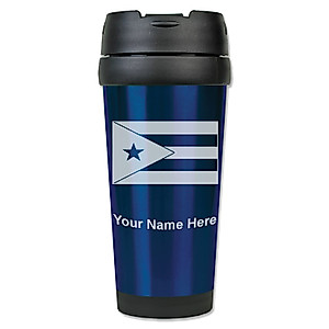 LaserGram 16oz Coffee Travel Mug, Flag of Puerto Rico, Personalized Engraving Included (Dark Blue)