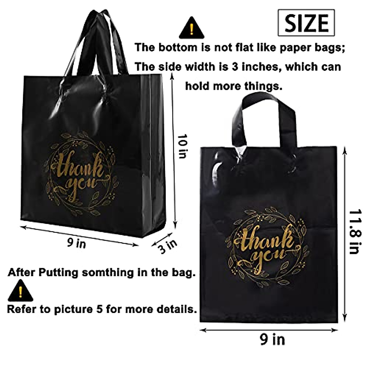 Plastic Thank You Merchandise Bags Gift Bags Reusable Thank You Shopping Bags with Loop Handles (9x12 Inch (Pack of 100), Black)