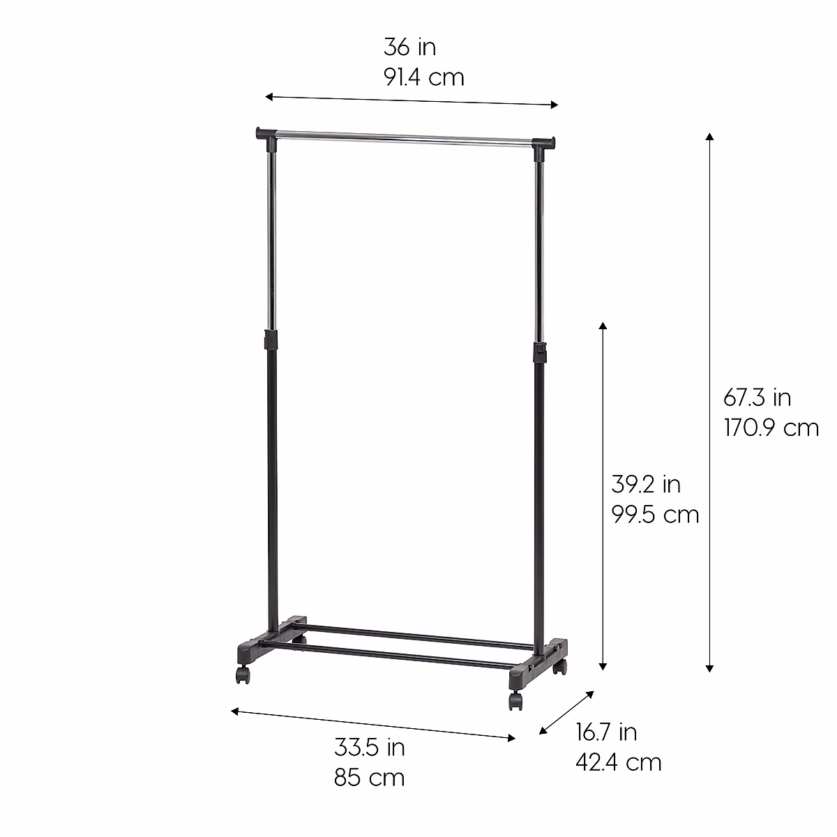 IRIS USA Portable Single-Rod Height Adjustable Clothes Rack with Lockable Wheels, Rolling Garment, Sigle Rod Wardrobe Rack, Easy Assemble, for Clothes, Belts, Shoes, and Bags