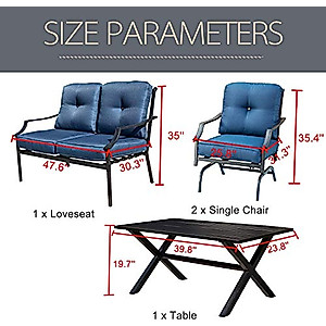 Kamont 4 PCS Patio Furniture Conversation Set Outdoor Furniture Set Metal Chairs w/All Weather Cushioned Love Seat,Poolside Lawn Chair,Coffee Table (Blue)