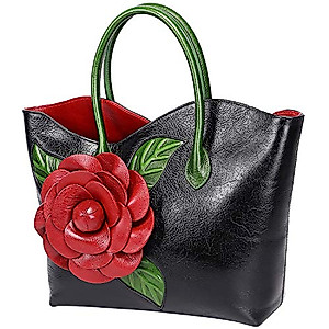 PIJUSHI Designer Genuine Leather Purses and Handbags for Women Satchel Flower Handbag (8825 Black)