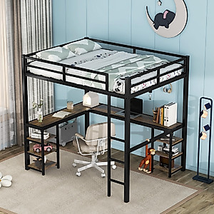 CITYLIGHT Full Size Loft Bed with L Shaped Desk and Storage Shelves Metal Full Loft Bed with Built-in Ladders and Guardrails, Noise Free, No Box Spring Needed (Full, Black)