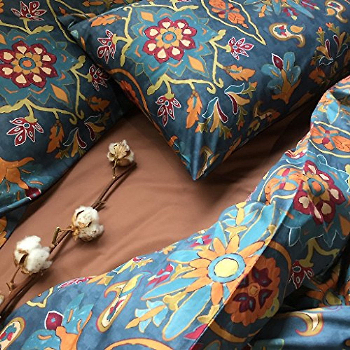 Eikei Home Damask Medallion Luxury Duvet Quilt Cover Boho Paisley Print Bedding Set 400 Thread Count Egyptian Cotton Sateen Vibrant Bohemian Pattern,3 pieces (King, Spanish Tile)