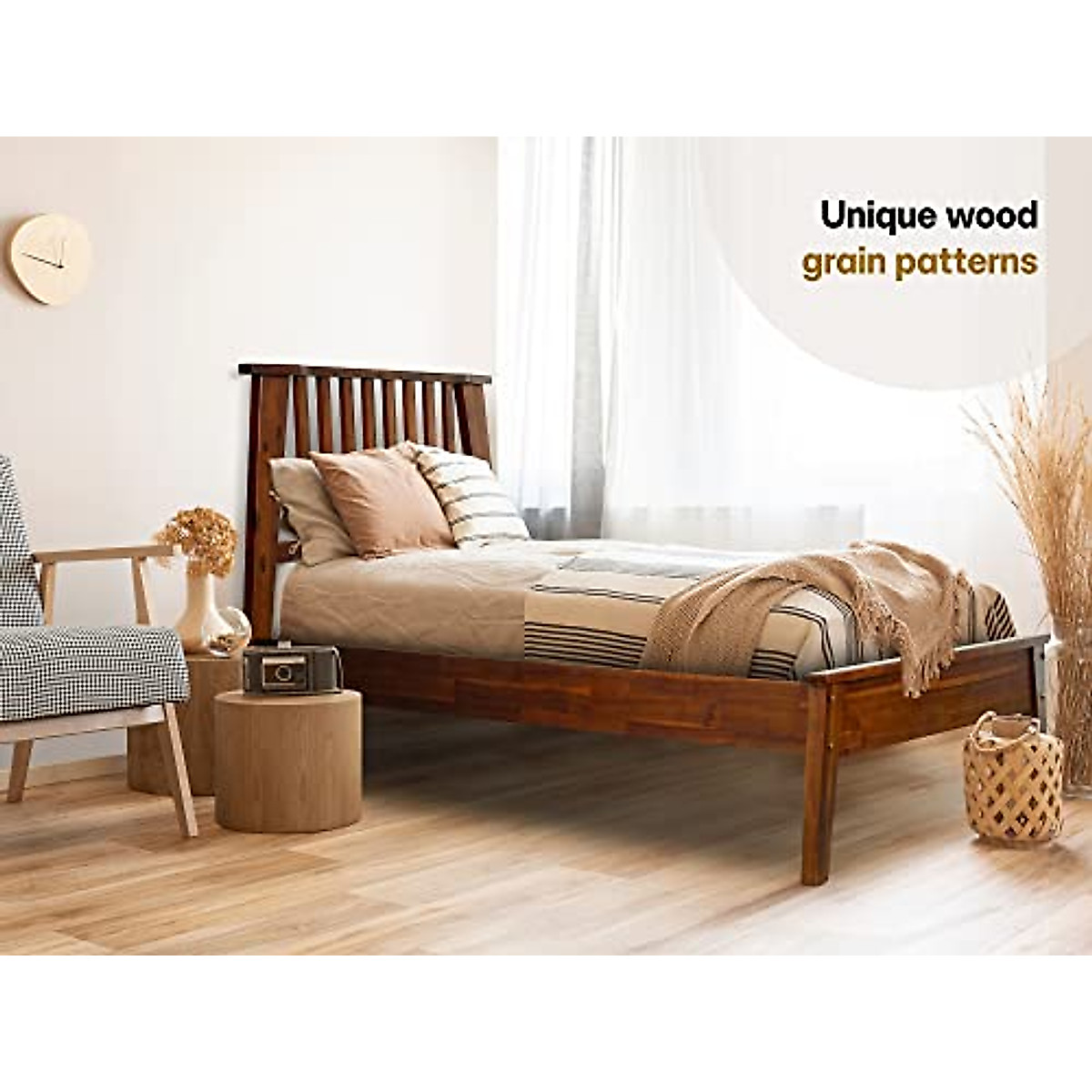 Acacia Kaylin Bed Frame with Headboard Solid Wood Platform Bed, Scandinavian Signature 45 inch High Headboard Wood Bed Compatible with All Mattress Types, 30 Mins Assembly, Twin Bed Frame, Caramel